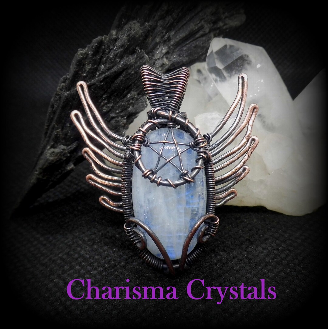 Blue Moonstone Winged Goddess Pentacle Necklace: Woven Copper Pendant ...