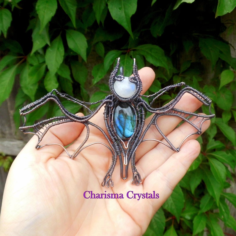 Labradorite Moonstone Bat Pendant: Oxidized Copper Goth Necklace - Etsy