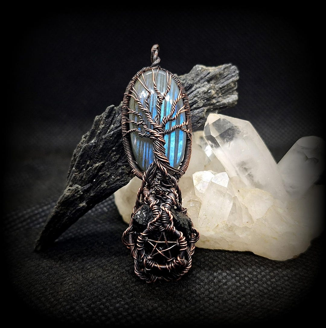 Labradorite Tree of Life Pentacle Pendant: Black Tourmaline Yggdrasil ...