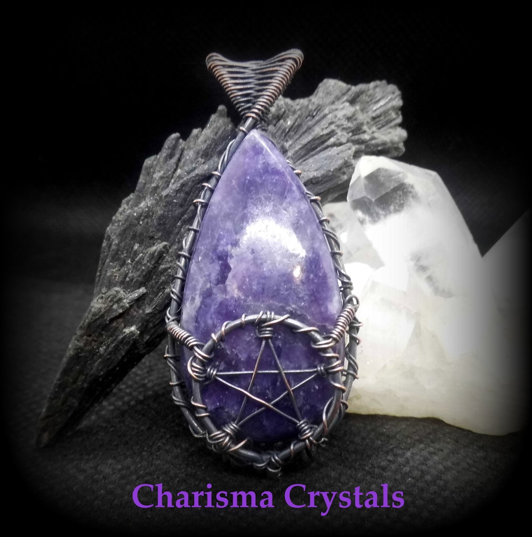 Lepidolite Crystal Pentacle Necklace: Handmade Oxidized Copper Wire ...