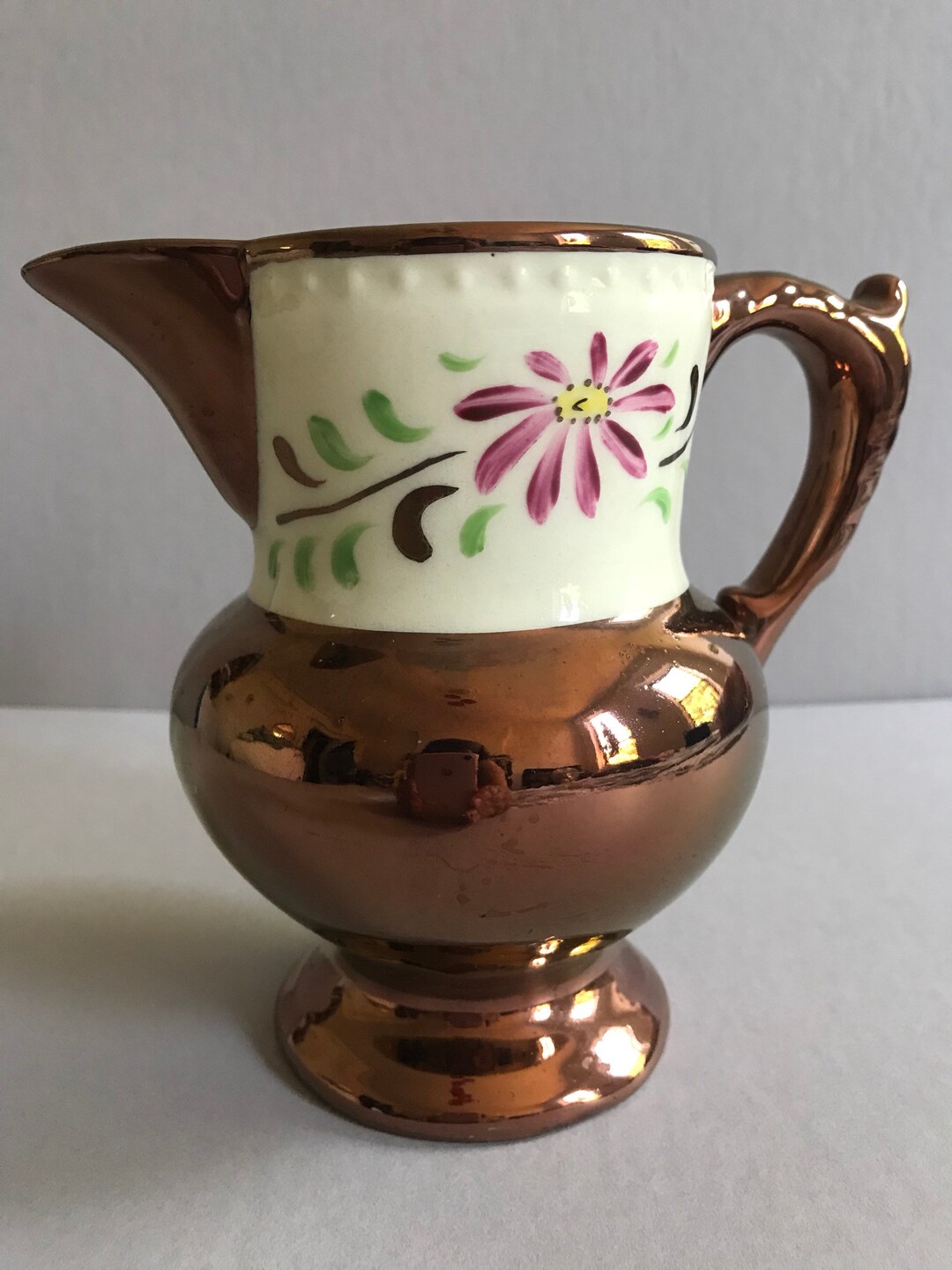 Antique Copper Luster Pitcher, Hand-painted Floral British Lustre Ware ...