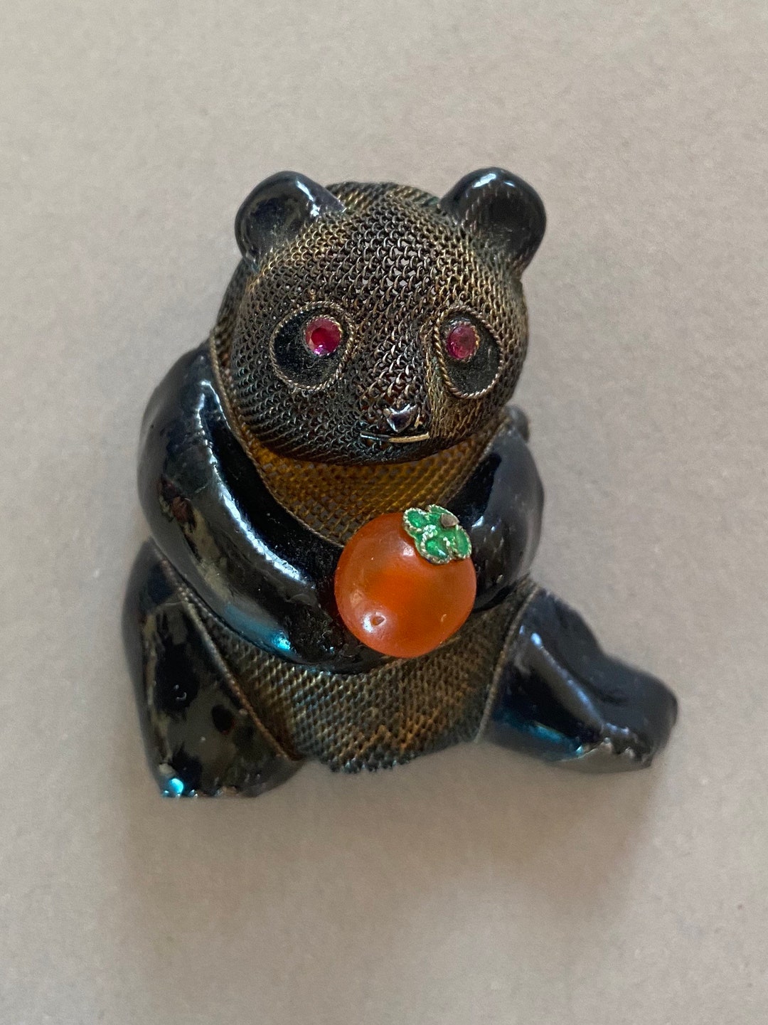 PANDA Bear Silver Mesh Gold Tone Ruby Eyes Black Enamel Vintage Jewelry ...