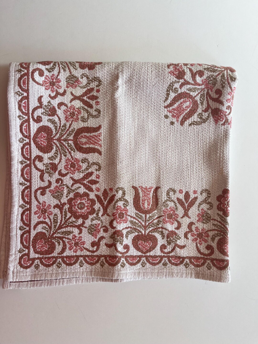 WOVEN Tablecloth FLORAL Red Off-white Square Linen Cotton Made in ...