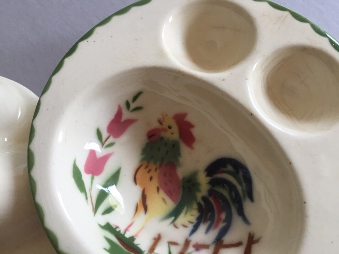 Cardinal China Egg BREAKFAST Dish Rooster Deco Pink Green Brown Yellow ...