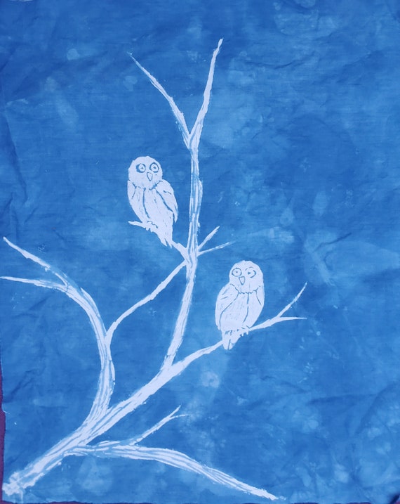 Indigo Resist Birds Bunnies and Cats hand-painted and | Etsy