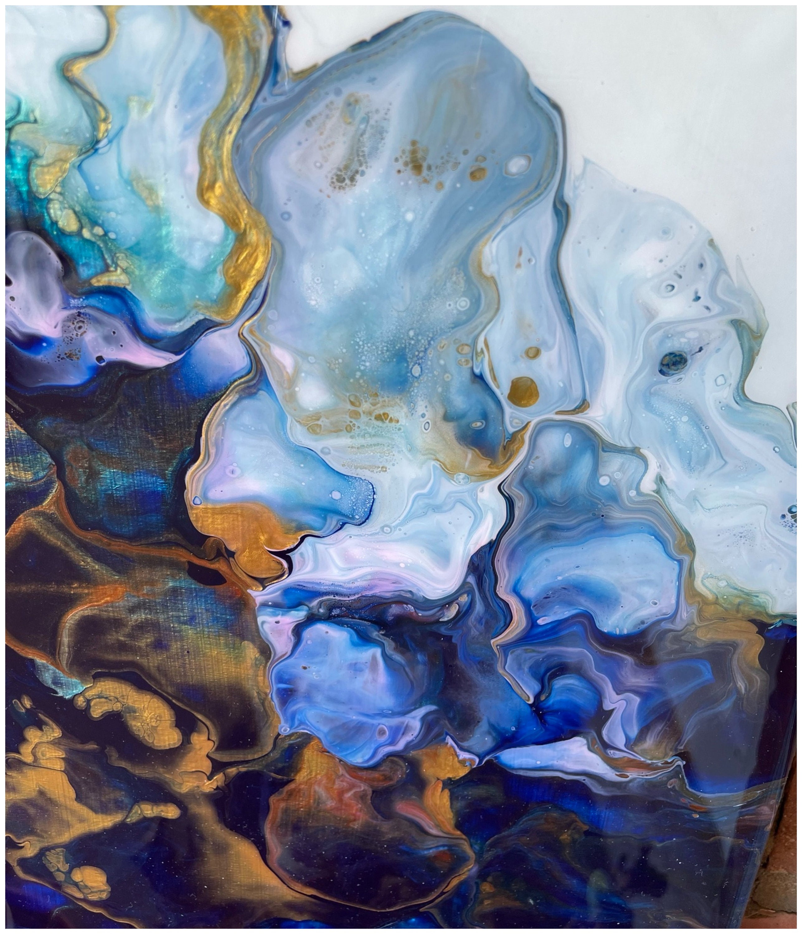 Abstract painting Fluid art acrylic pour painting Azure and Gold 16x16 ...