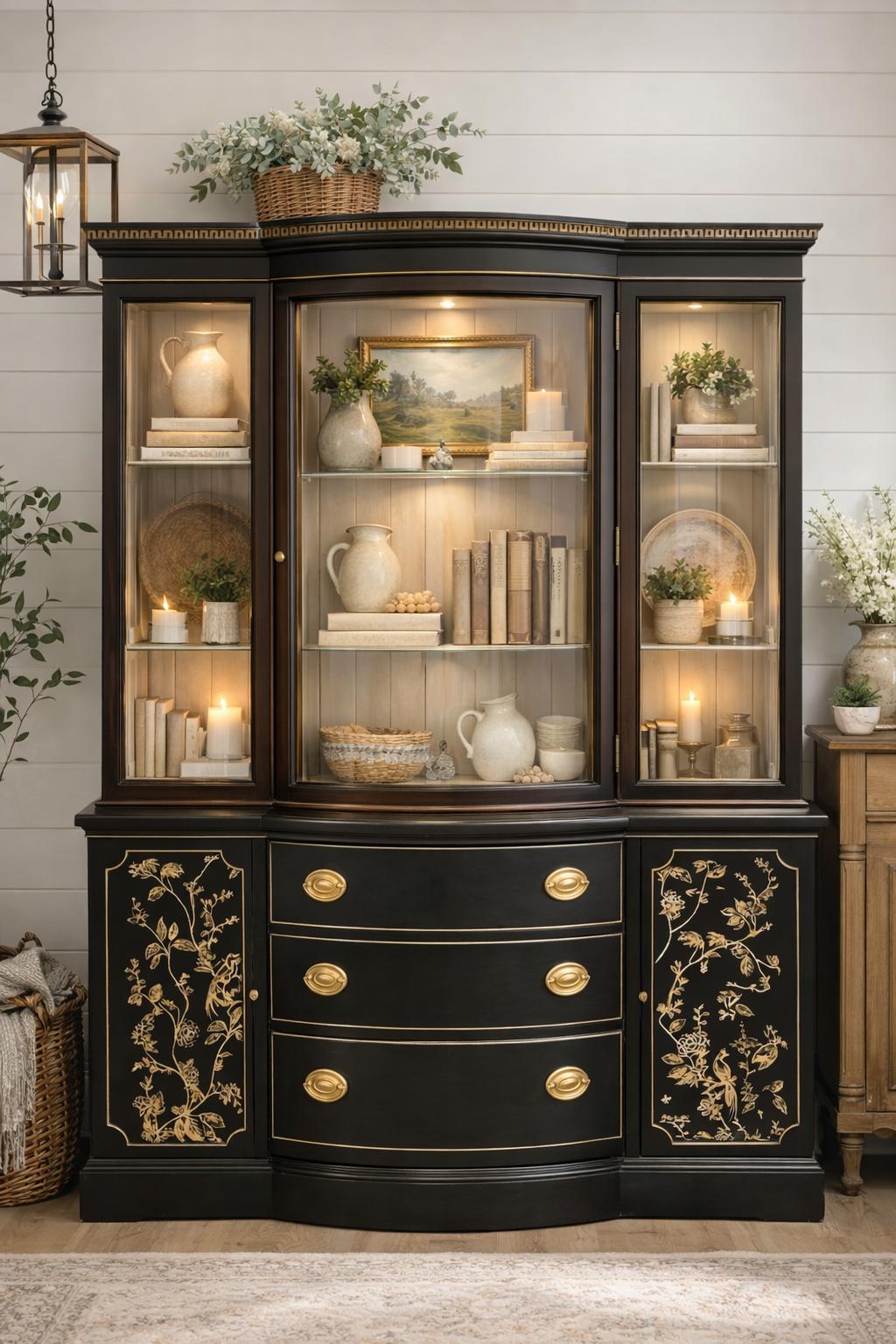 Vintage Drexel Hutch, Black & Gold Accent Cabinet, Travis Court ...