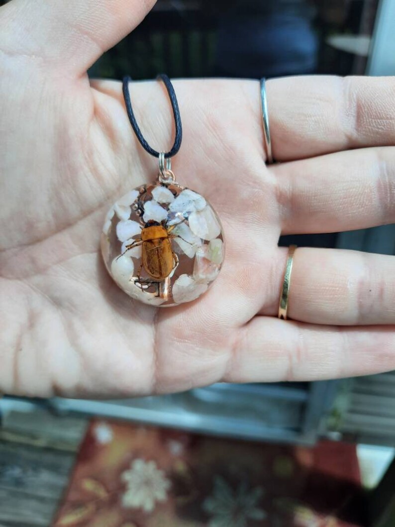 Real Cruelty Free Circle Shaped June Bug Necklace With Pink Opal ...