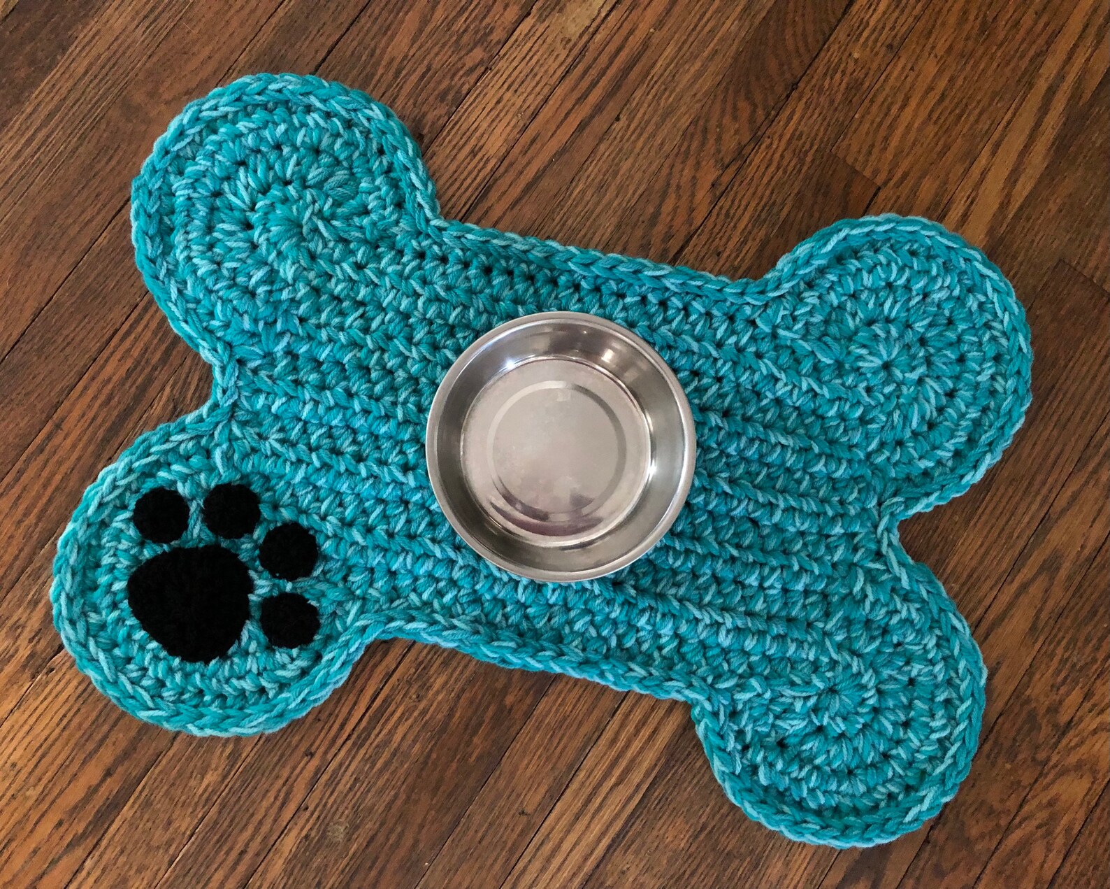 Teal Turquoise Dog Pet Mat, Personalized Dog Bone Shape Mat, Paw Print ...
