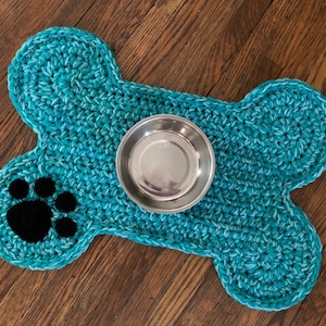 Teal Turquoise Dog Pet Mat, Personalized Dog Bone Shape Mat, Paw Print ...