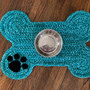 Teal Turquoise Dog Pet Mat, Personalized Dog Bone Shape Mat, Paw Print ...