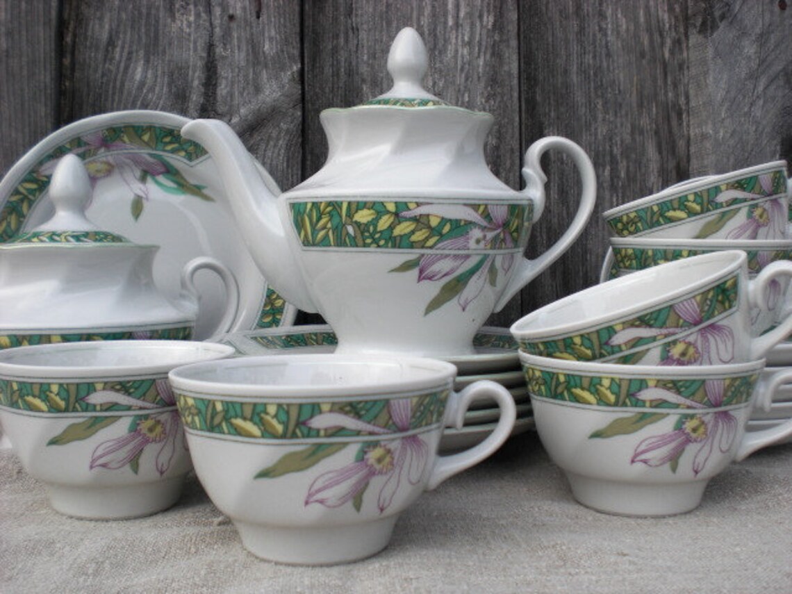 Exotic orchid tea set white vintage porcelain tea pot sugar | Etsy