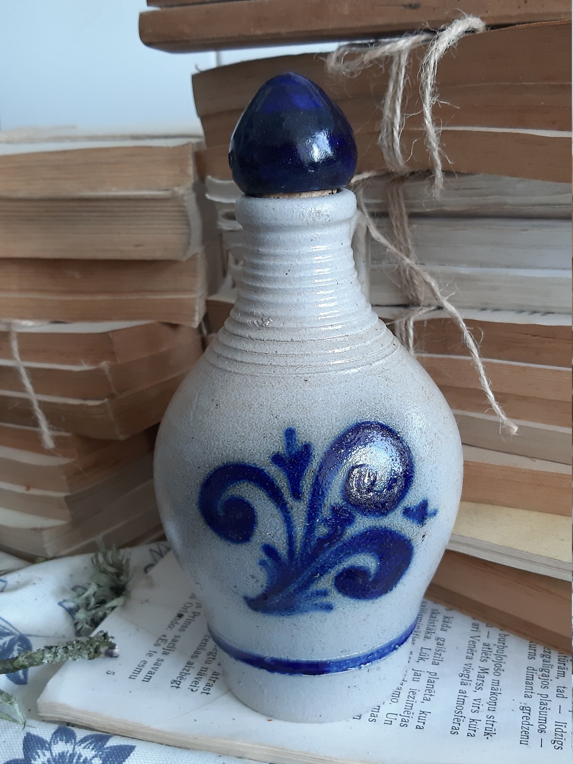 Vintage Pottery Olive Oil Jug Pitcher Blue Salt Glazed Ceramic | Etsy