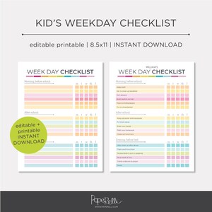 Printable Kid's Weekday Checklist EDITABLE Instant Download - Etsy