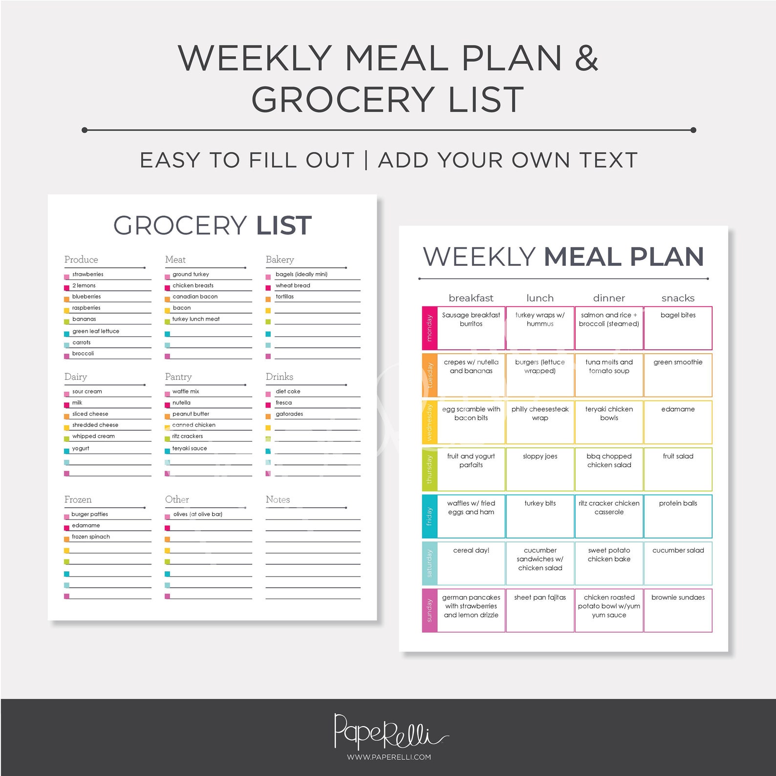 Weekly Meal Plan + Grocery List PRINTABLE | Editable - Etsy