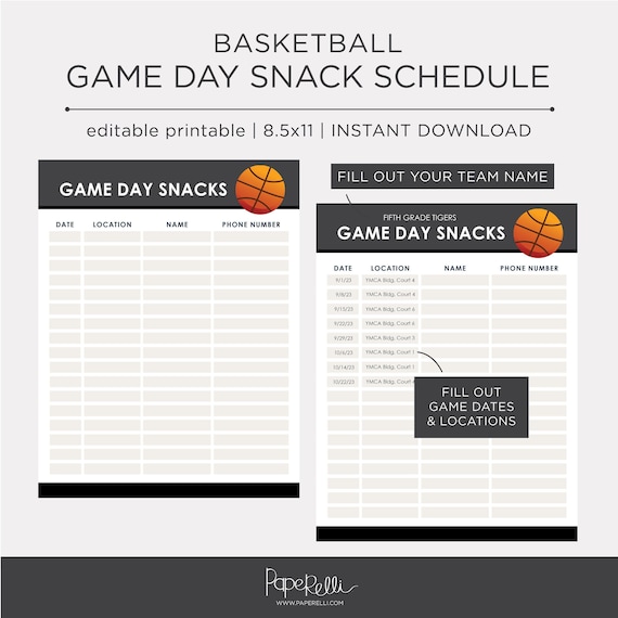 Basketball Game Day Snack Schedule EDITABLE Instant - Etsy