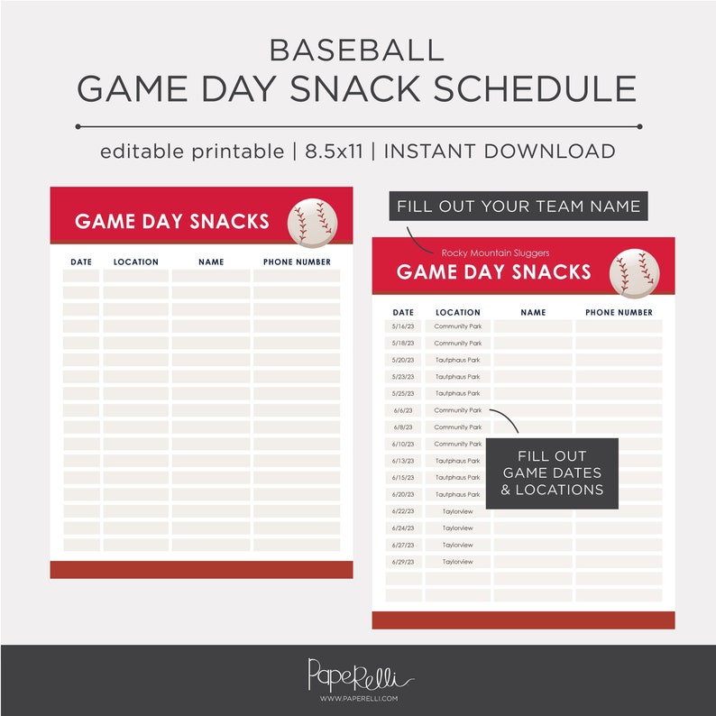 Baseball Game Day Snack Schedule | EDITABLE | Instant Download - Etsy