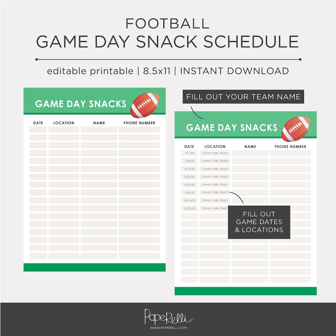 Football Game Day Snack Schedule | EDITABLE | Instant Download - Etsy