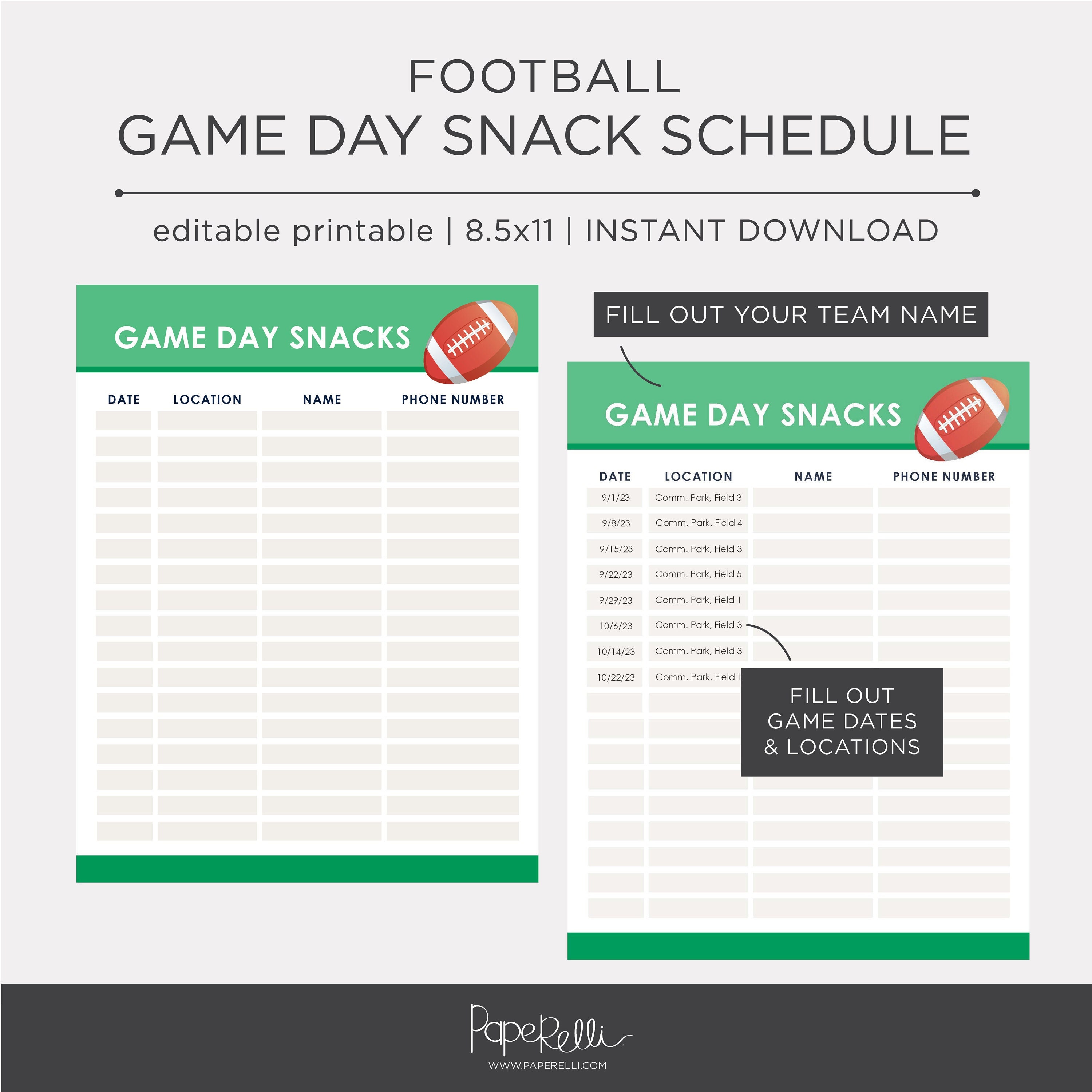 Game Day Snack Schedule Template