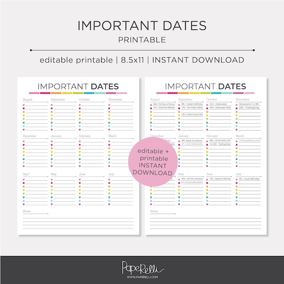 Important Dates Calendar