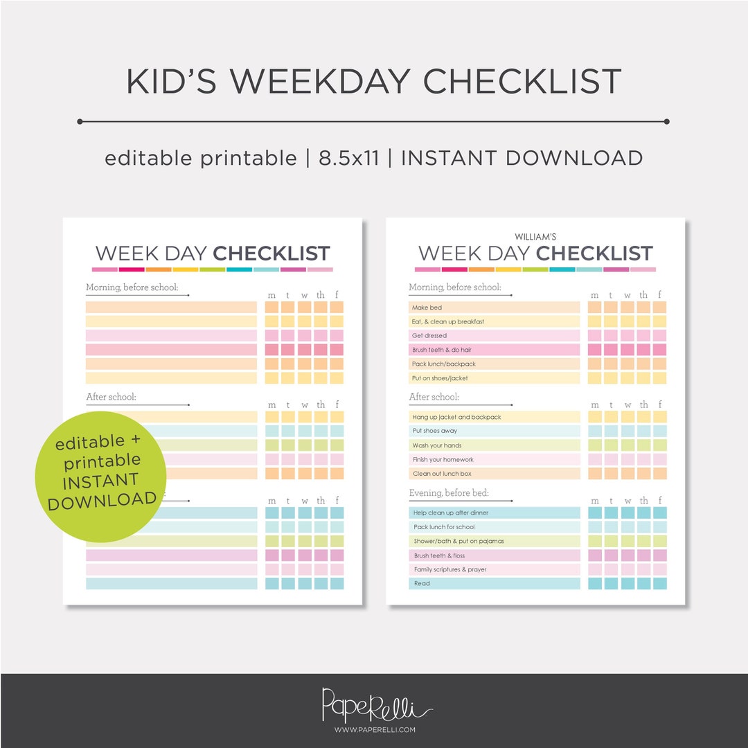 Printable Kid's Weekday Checklist | EDITABLE | Instant Download - Etsy