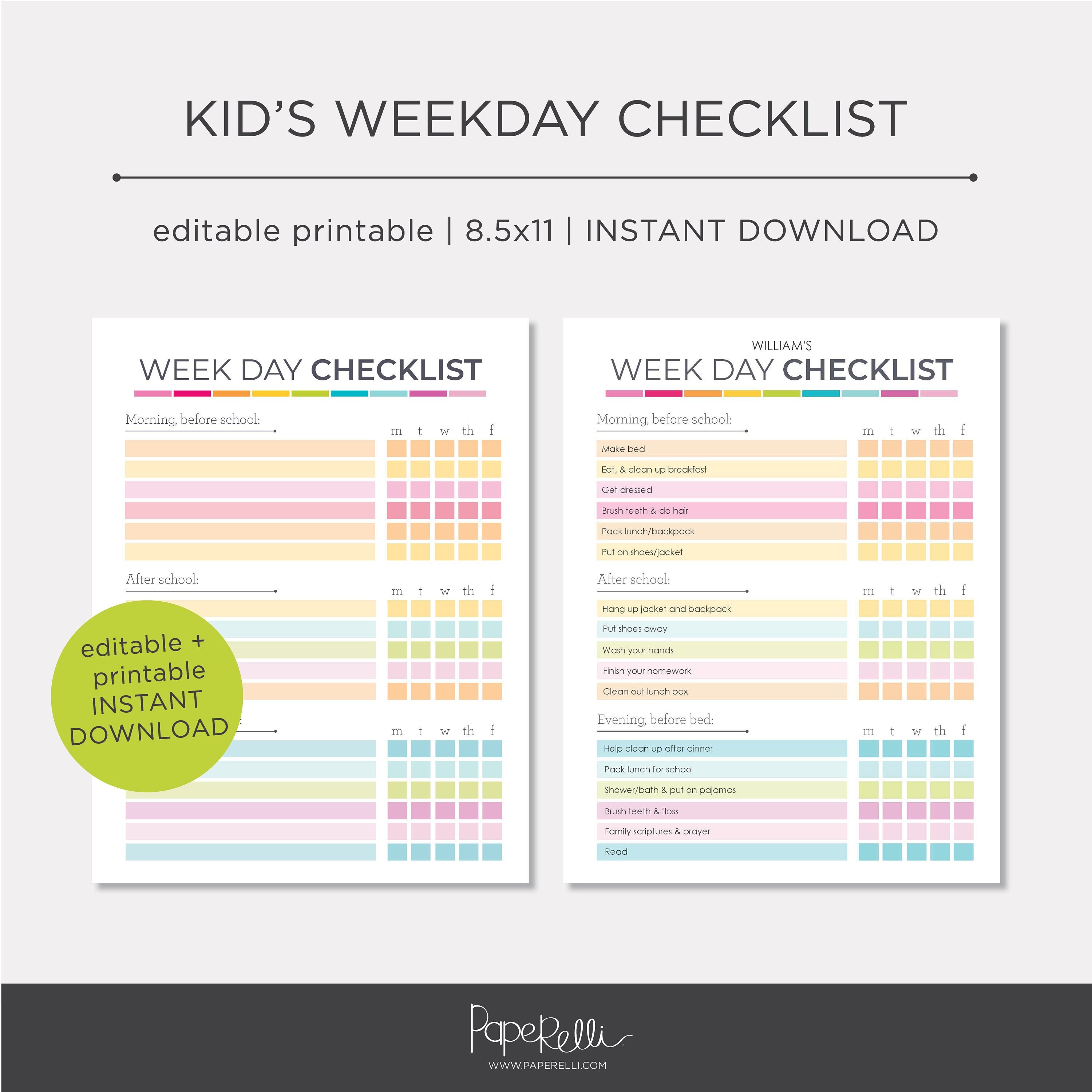 Printable Kid's Weekday Checklist | EDITABLE | Instant Download - Etsy