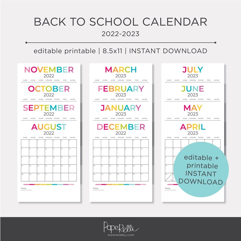 Printable School Calendar 2022-2023 - Etsy