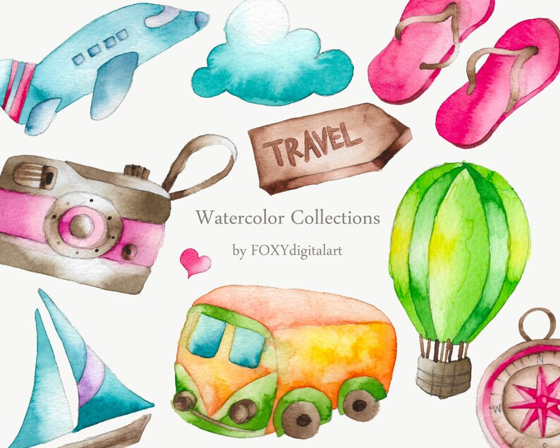 Travel Clipart, Watercolor Clipart, Traveling Clipart, Vacation Clipart ...