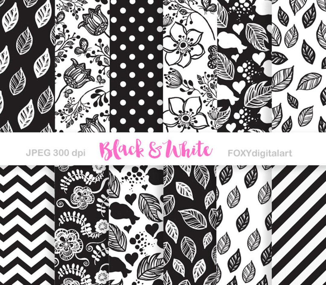Black and White Digital Paper Pack, Black and White Floral Digital ...