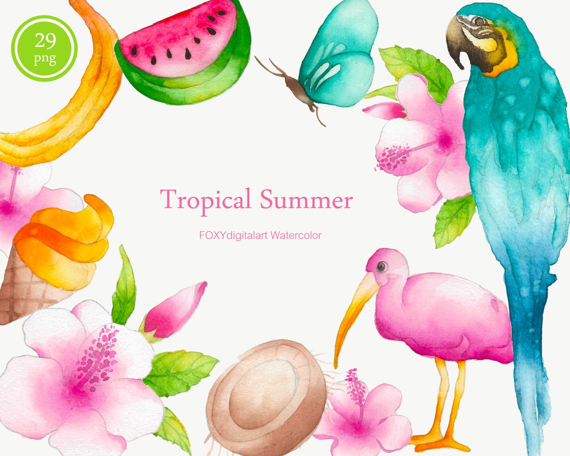 Tropical Clip Art, Watercolor Summer Clipart Set, Parrot, Flamingo ...