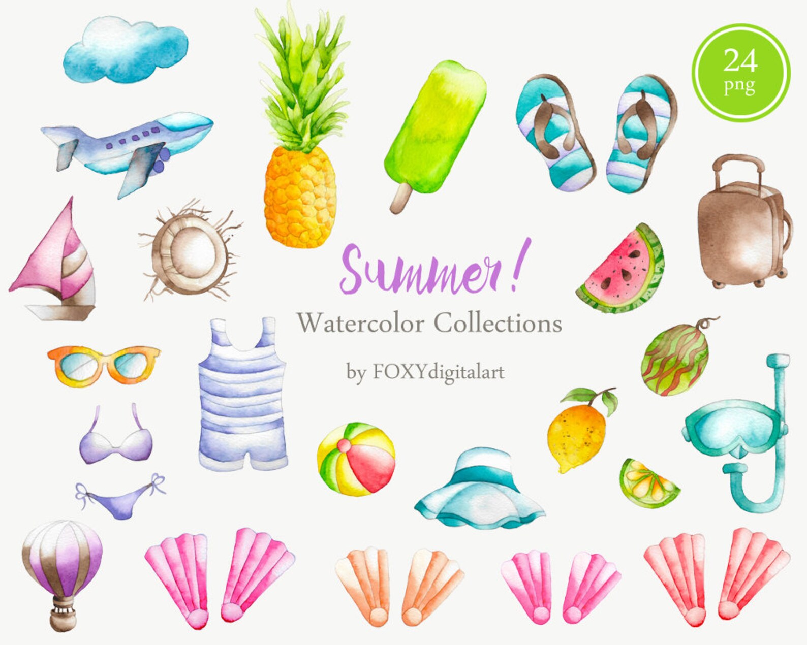 Beach Clipart, Summer Clipart, Watercolor Summer Clipart, Hello Summer ...
