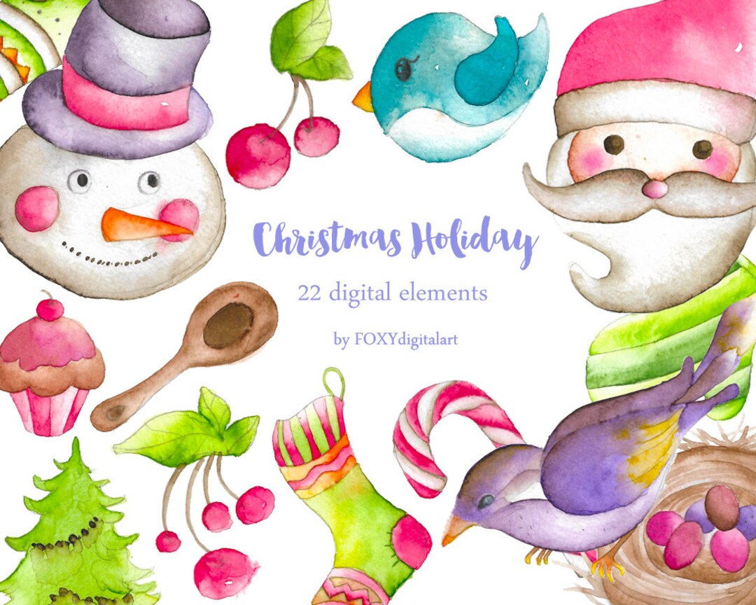 Christmas Clip Art Santa Claus Watercolor , Christmas Tree, Snowman ...