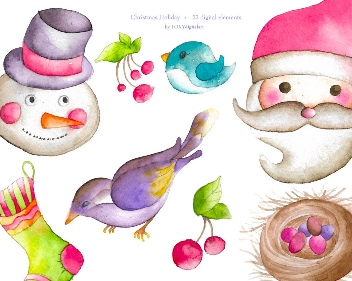 Christmas Clip Art Santa Claus Watercolor , Christmas Tree, Snowman ...