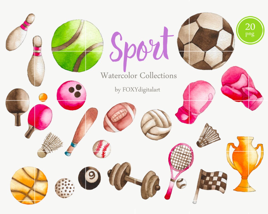 Watercolor Sports Clipart, Footballs, Golf, Baseballs, Sports Clipart ...