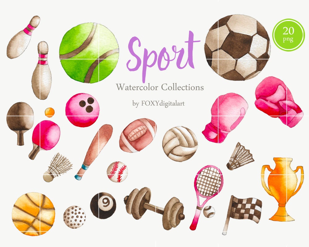 Watercolor Sports Clipart, Footballs, Golf, Baseballs, Sports Clipart ...