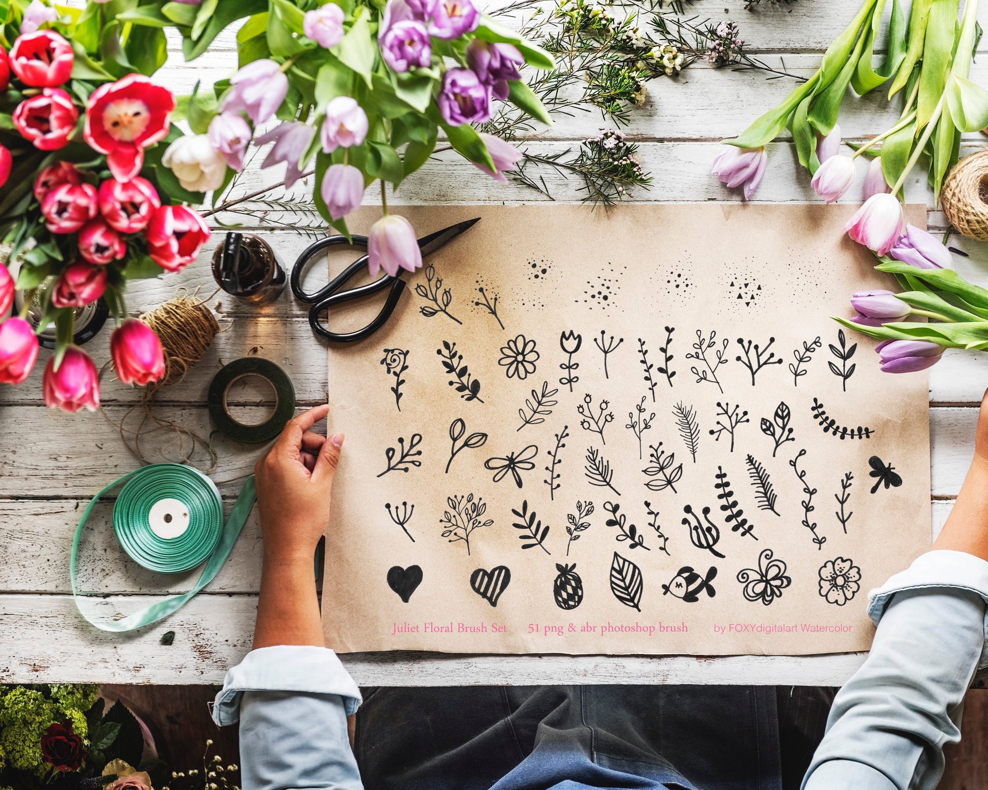 Flower Doodles Floral Digital Stamps Foliage Photoshop - Etsy