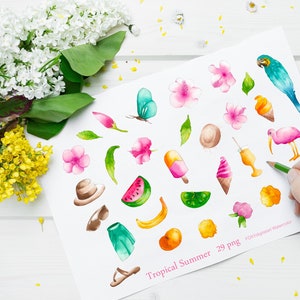 Tropical Clip Art, Watercolor Summer Clipart Set, Parrot, Flamingo ...