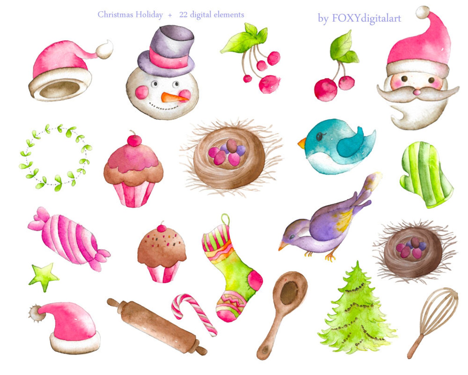 Christmas Clip Art Santa Claus Watercolor , Christmas Tree, Snowman ...