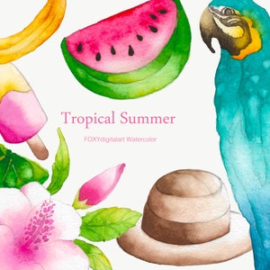 Tropical Clip Art, Watercolor Summer Clipart Set, Parrot, Flamingo ...