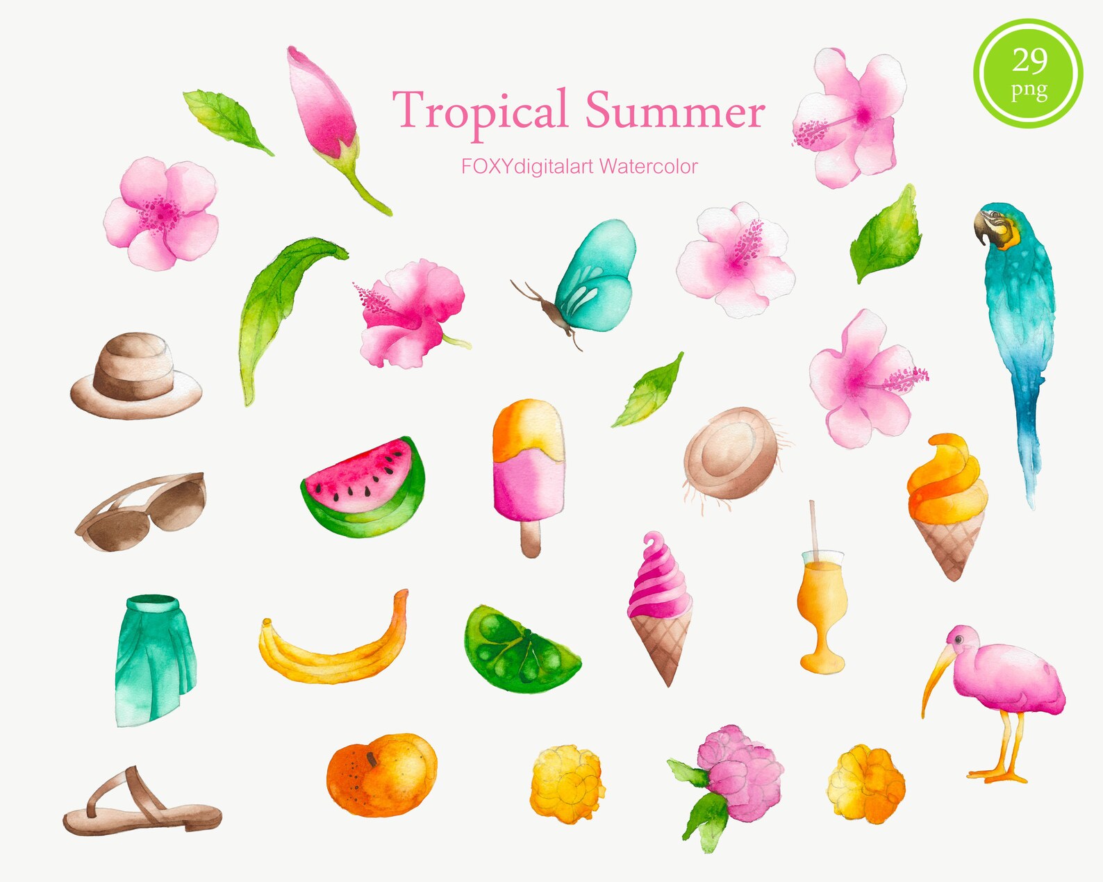 Tropical Clip Art, Watercolor Summer Clipart Set, Parrot, Flamingo ...