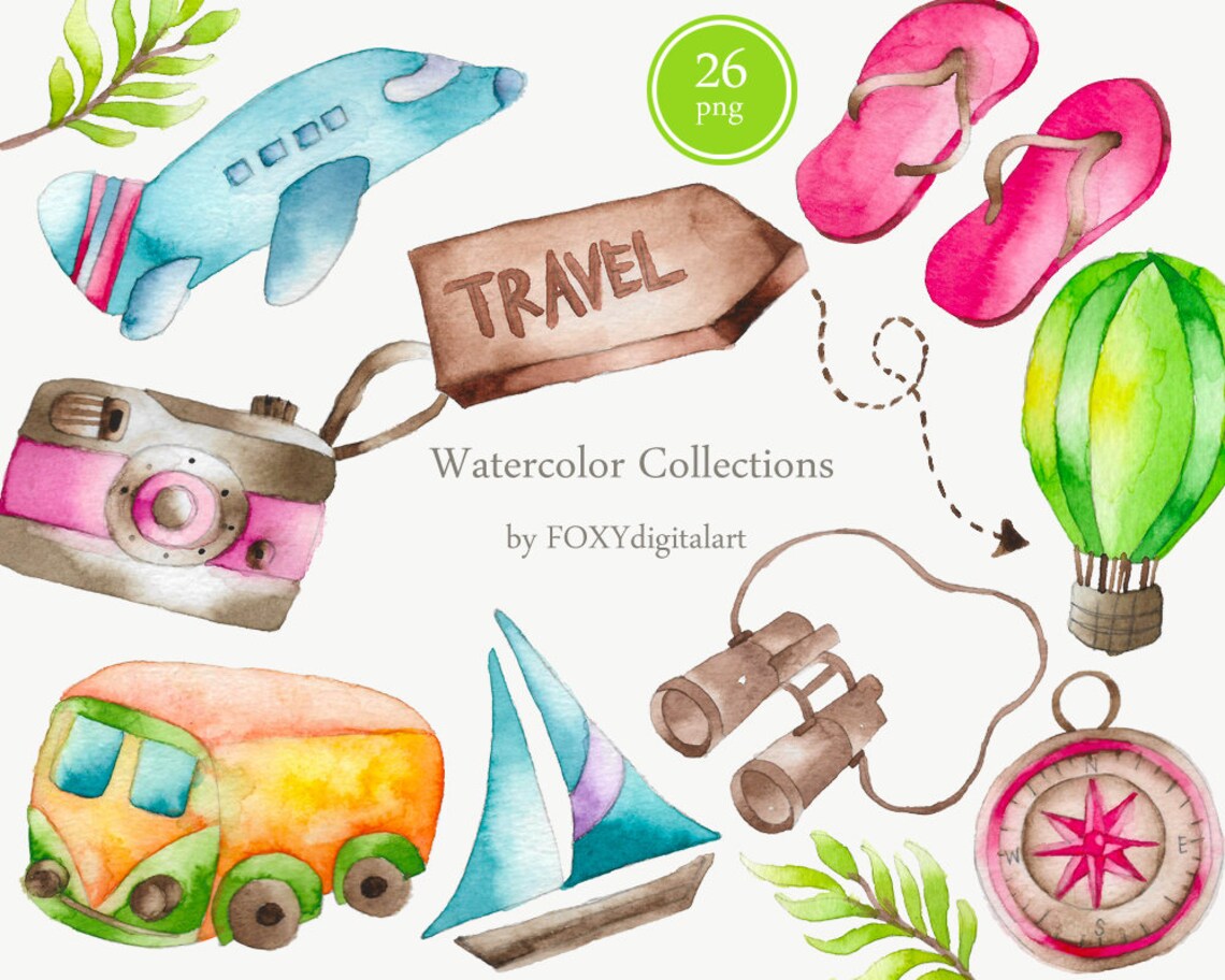 Travel Clipart, Watercolor Clipart, Traveling Clipart, Vacation Clipart ...