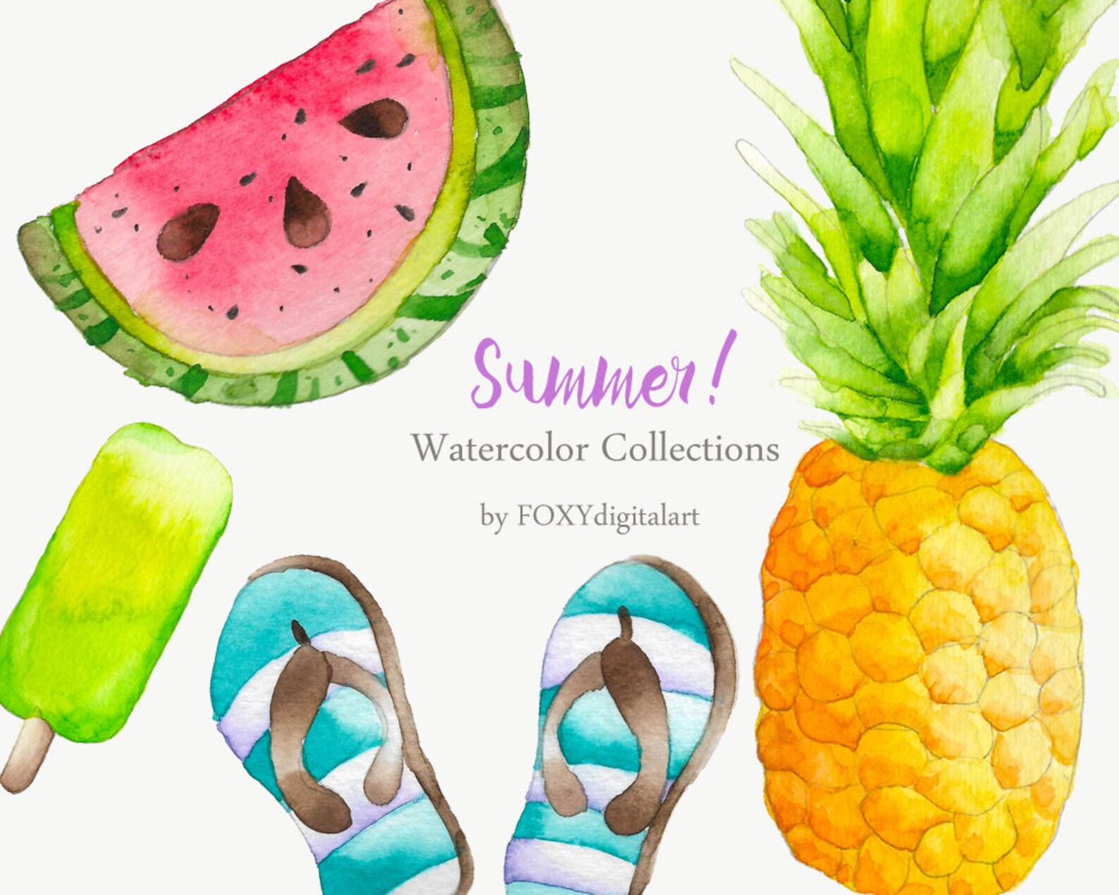 Beach Clipart, Summer Clipart, Watercolor Summer Clipart, Hello Summer ...