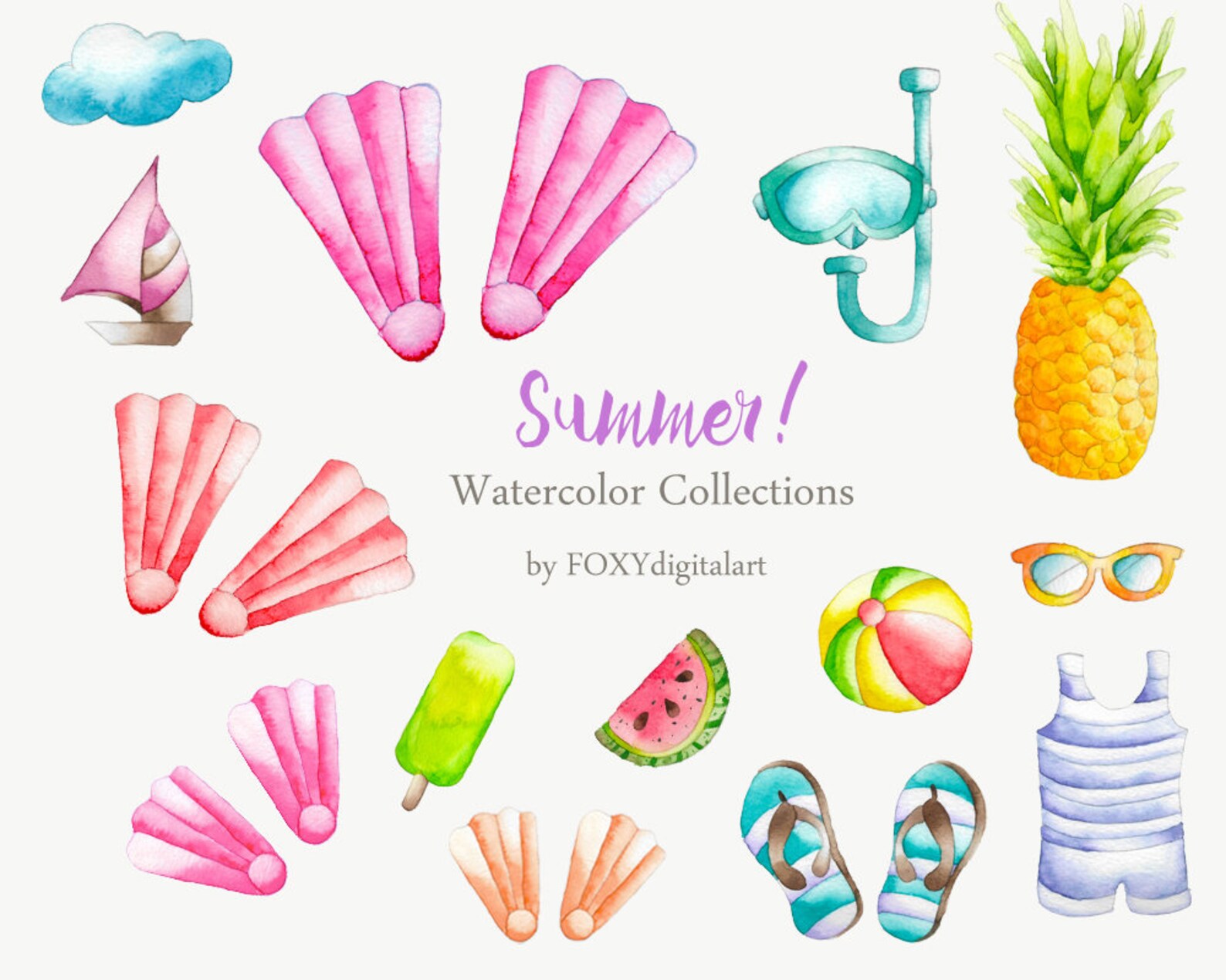 Beach Clipart, Summer Clipart, Watercolor Summer Clipart, Hello Summer ...
