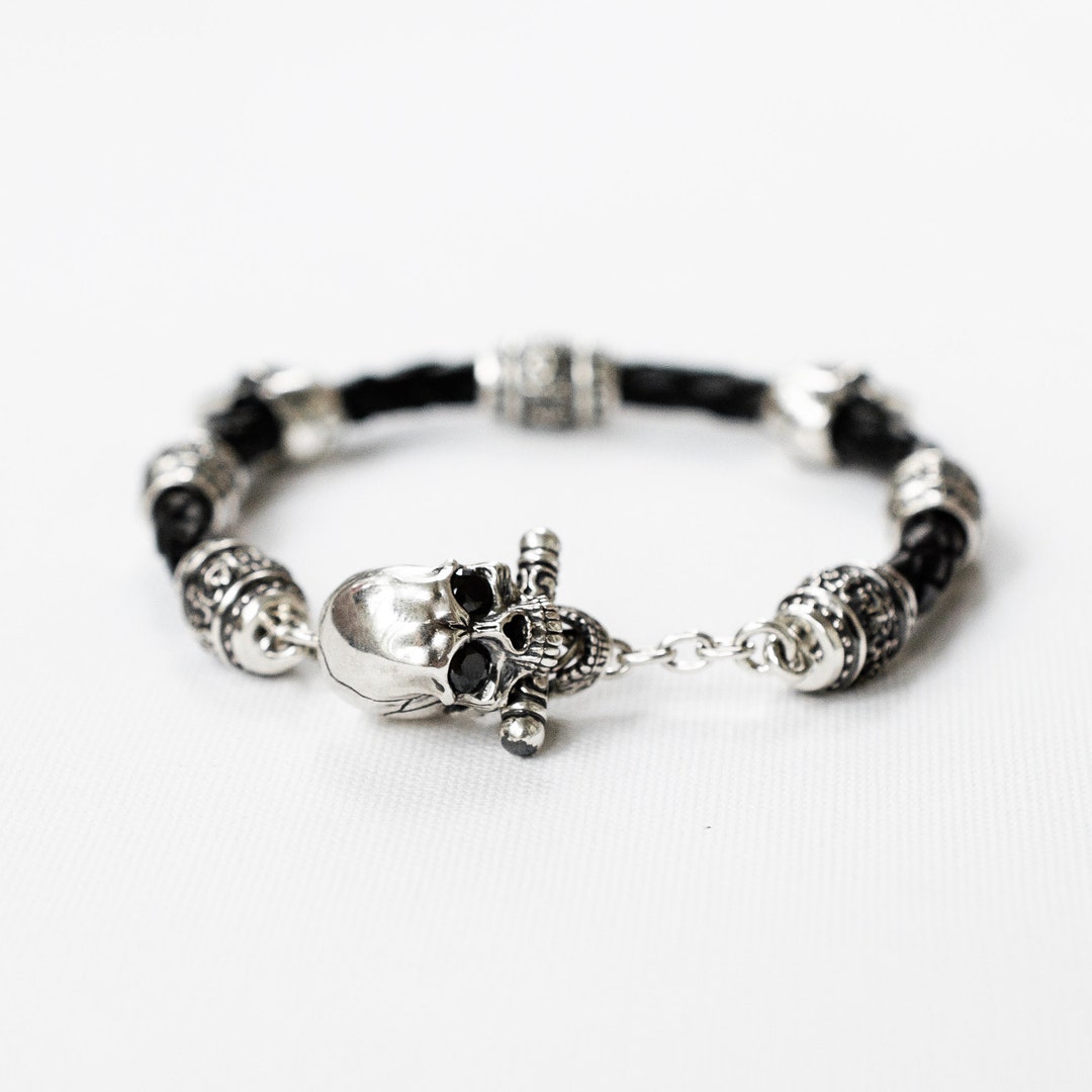 Skull Bracelet Silver, Mens Leather Bracelet With Sterling Silver ...