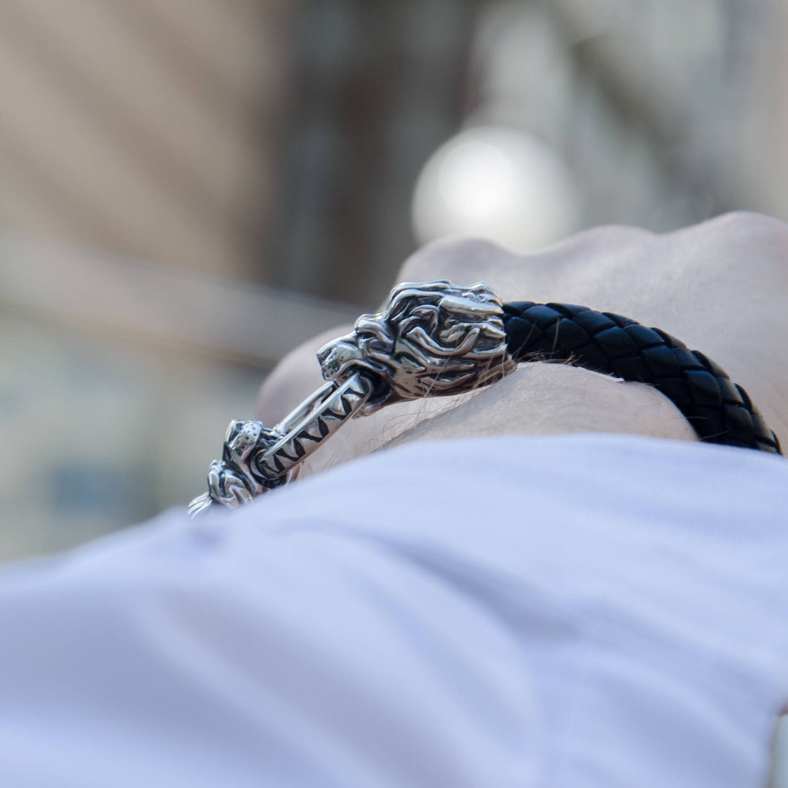 Lion Bracelet Men, Silver Leather Bracelet, Mens Lion Heads Jewelry ...