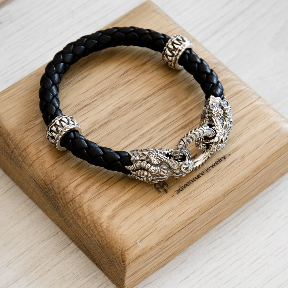 Sterling Silver Dragon Bracelet, Viking Braided Leather, Dragon Totem ...