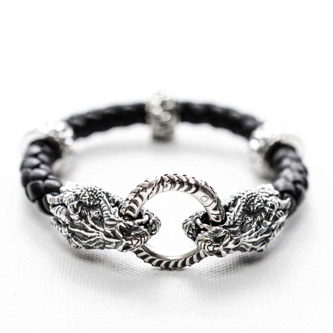 Mens Dragon Bracelet Silver, Leather Dragon Jewelry, Smaug Armband ...