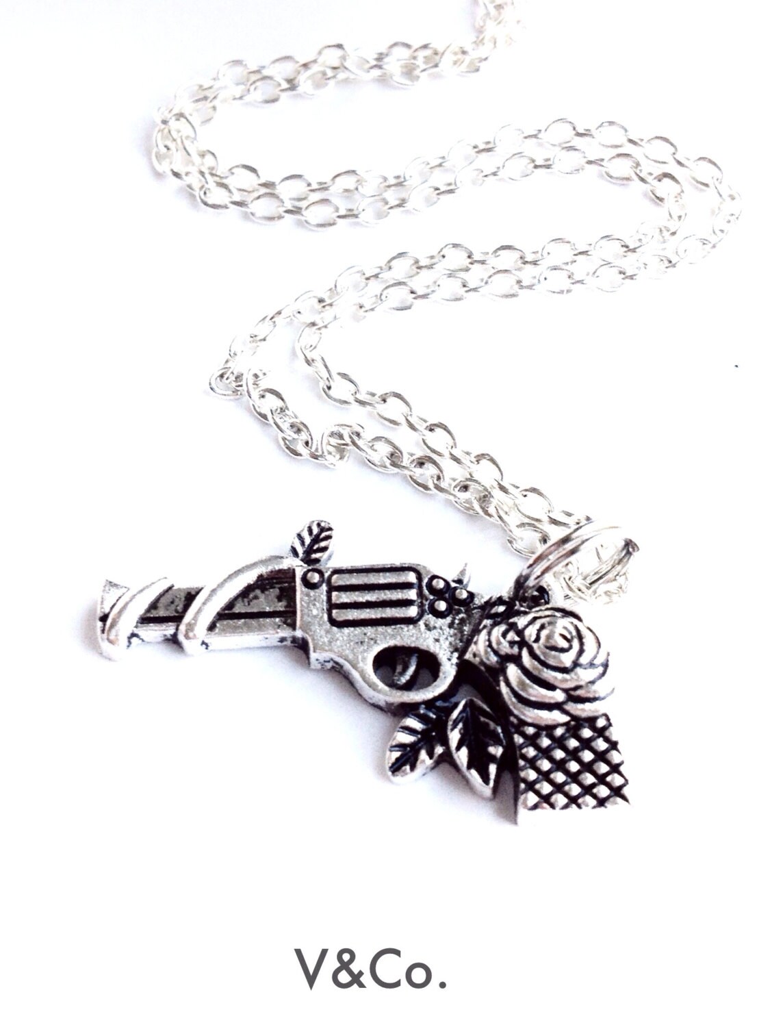 Gun Necklace, Guns and Roses Necklace, Symbolic Jewelry, Silver Pistol ...