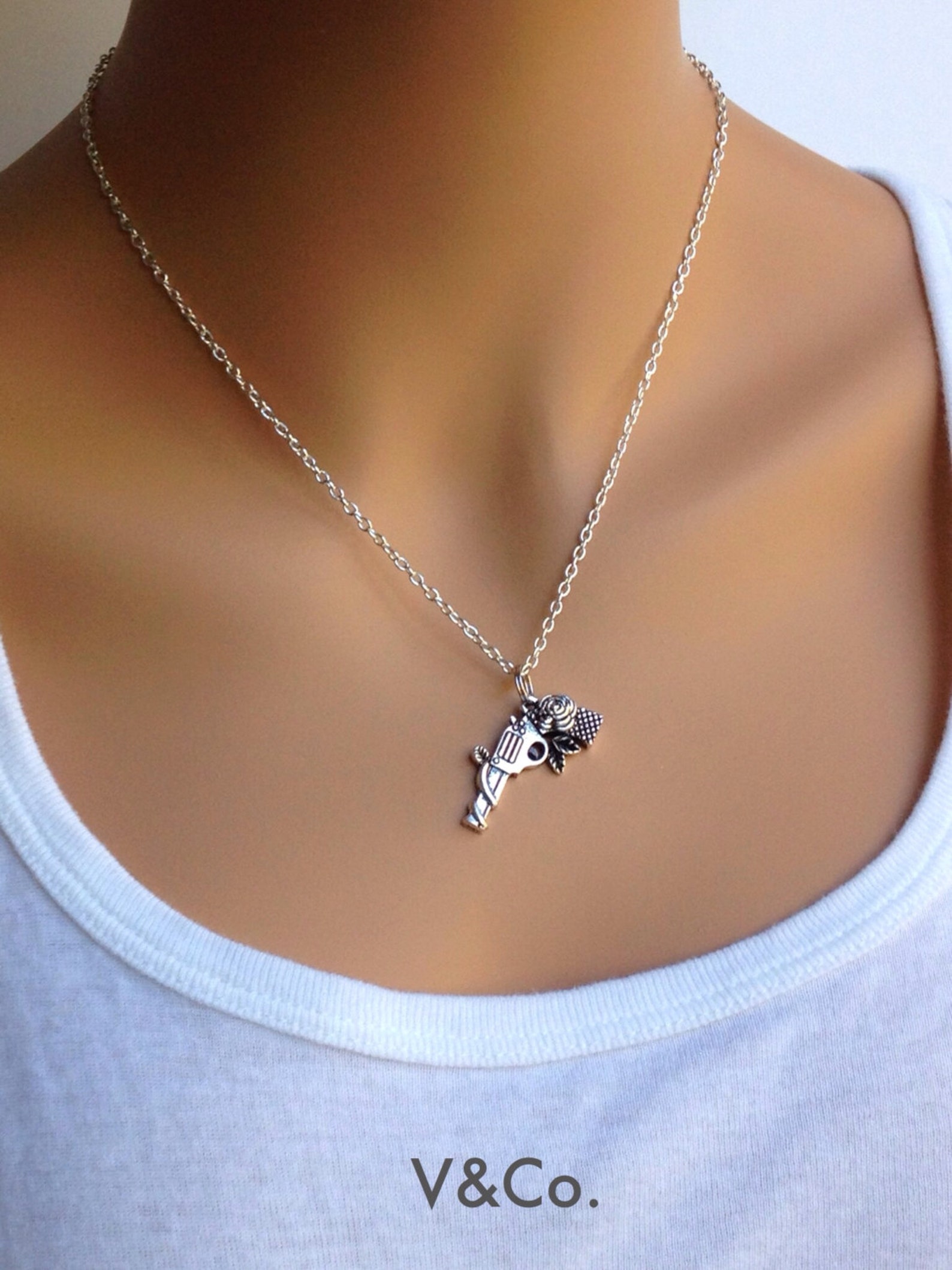 Gun Necklace, Guns and Roses Necklace, Symbolic Jewelry, Silver Pistol ...