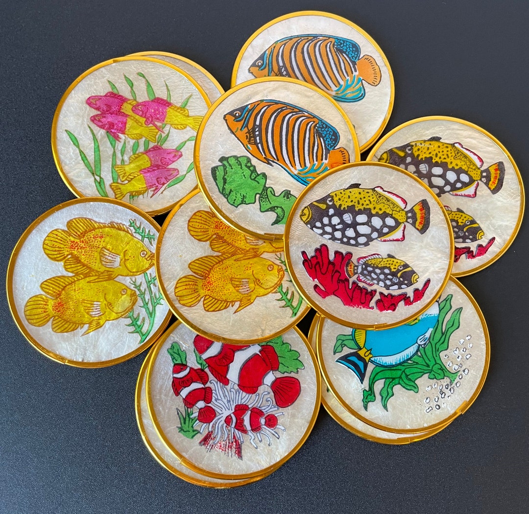 Vintage Capiz Shell Coaster Set With Fish Design - Etsy